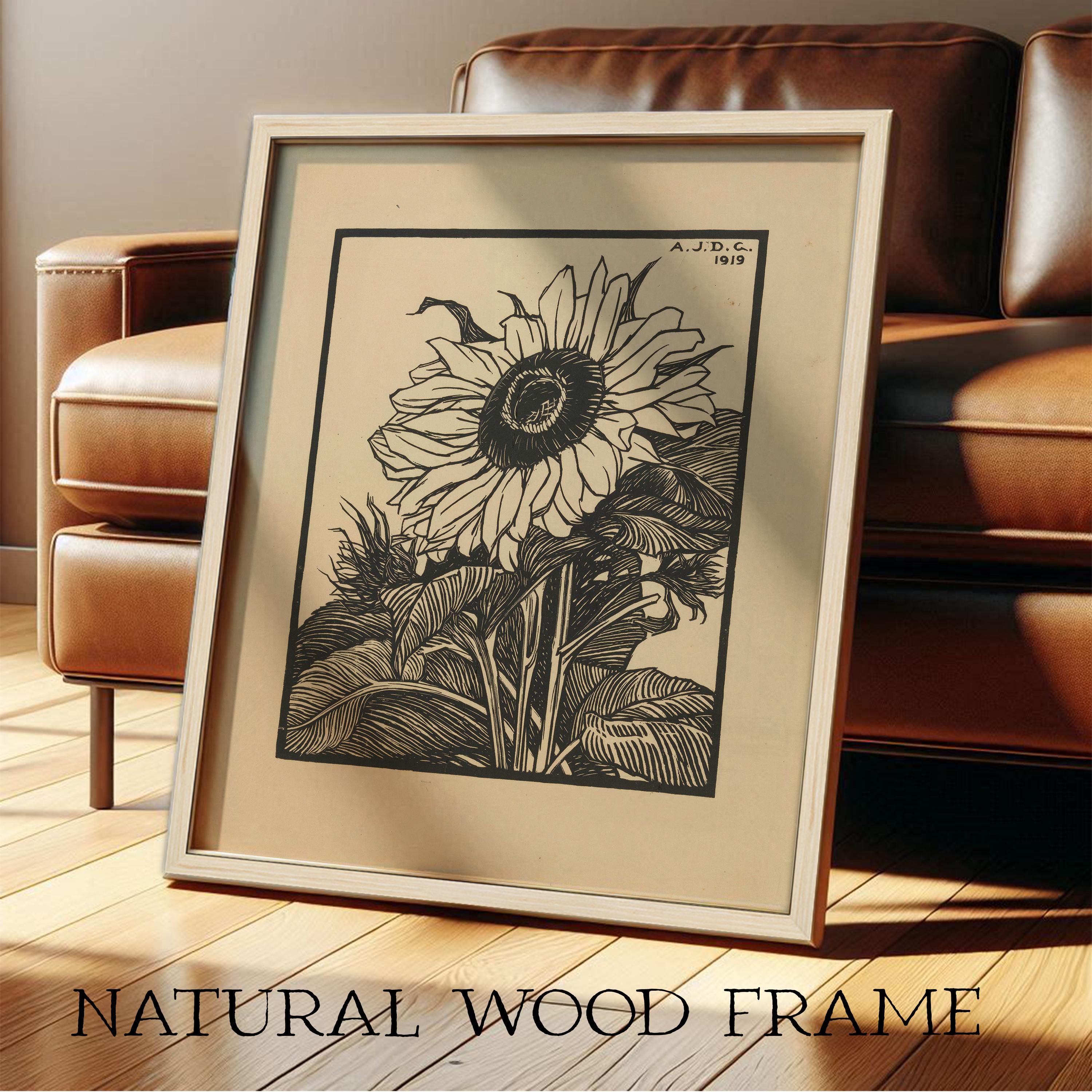 Sunflower Vintage Style Linocut Print | Neutral, Quirky, Eclectic Wall ...