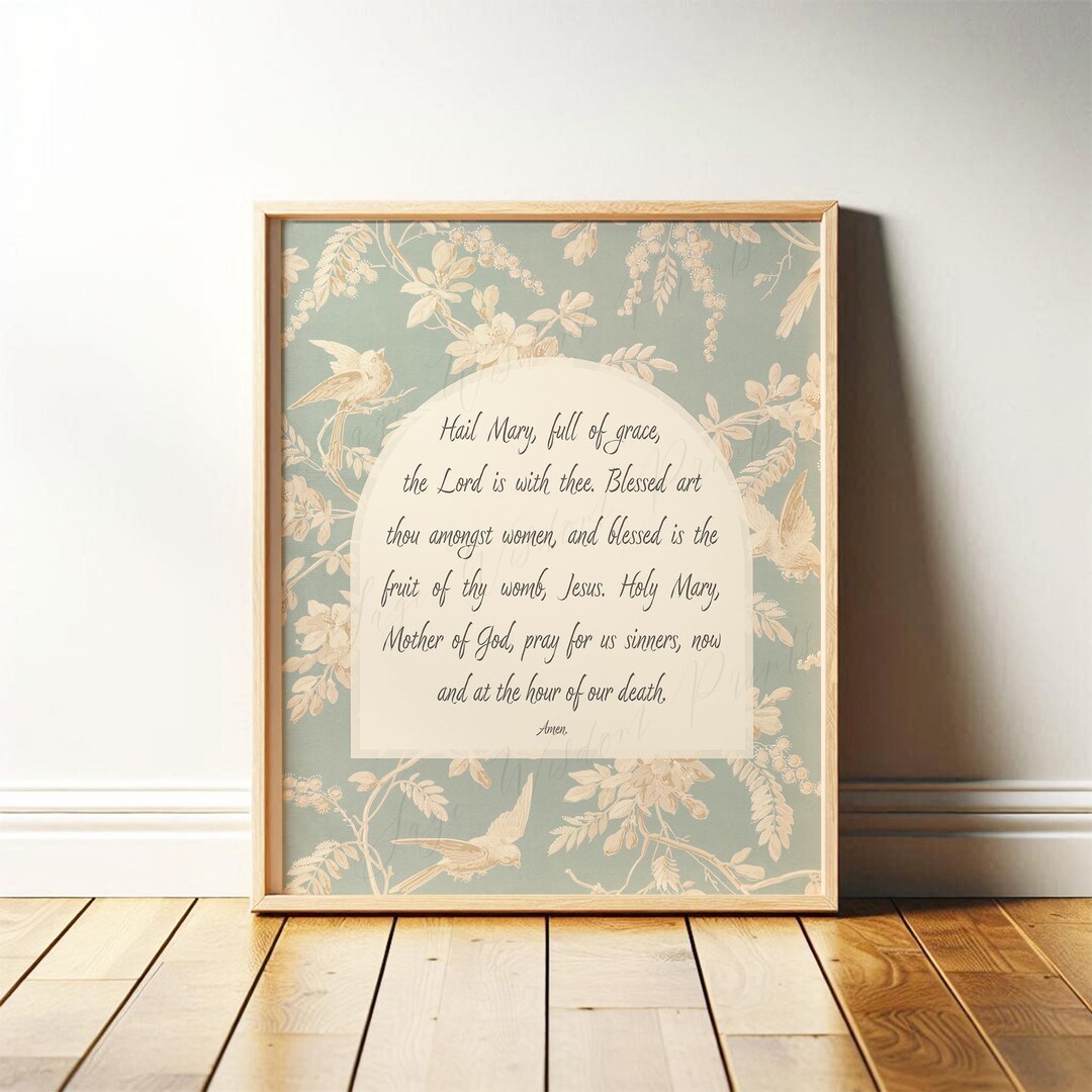Hail Mary Prayer, Catholic Wall Art | Vintage Christian Print With Blue ...