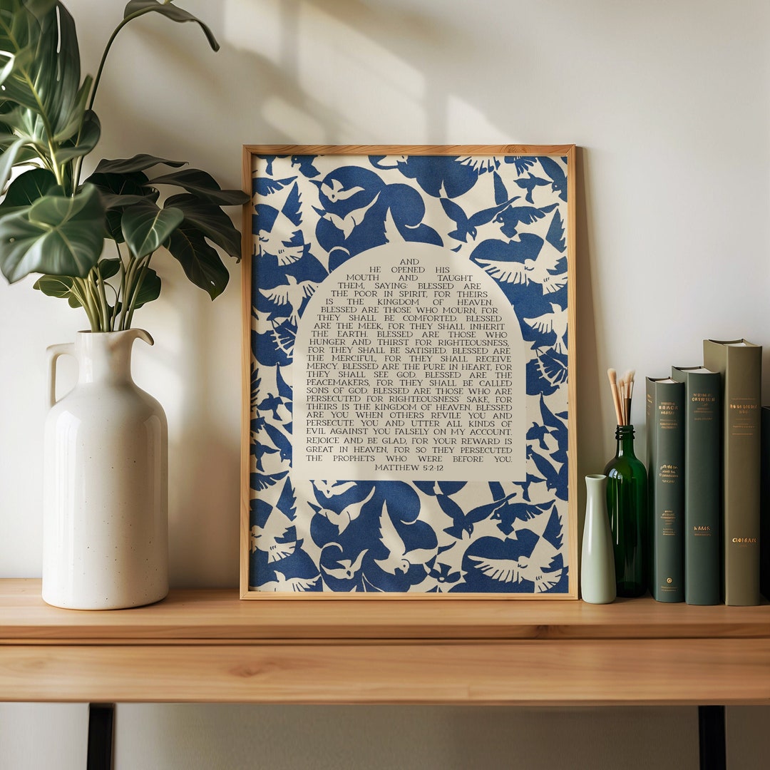 Beatitudes Print | Christian Wall Art, Blue & White Bible Verse, Modern ...