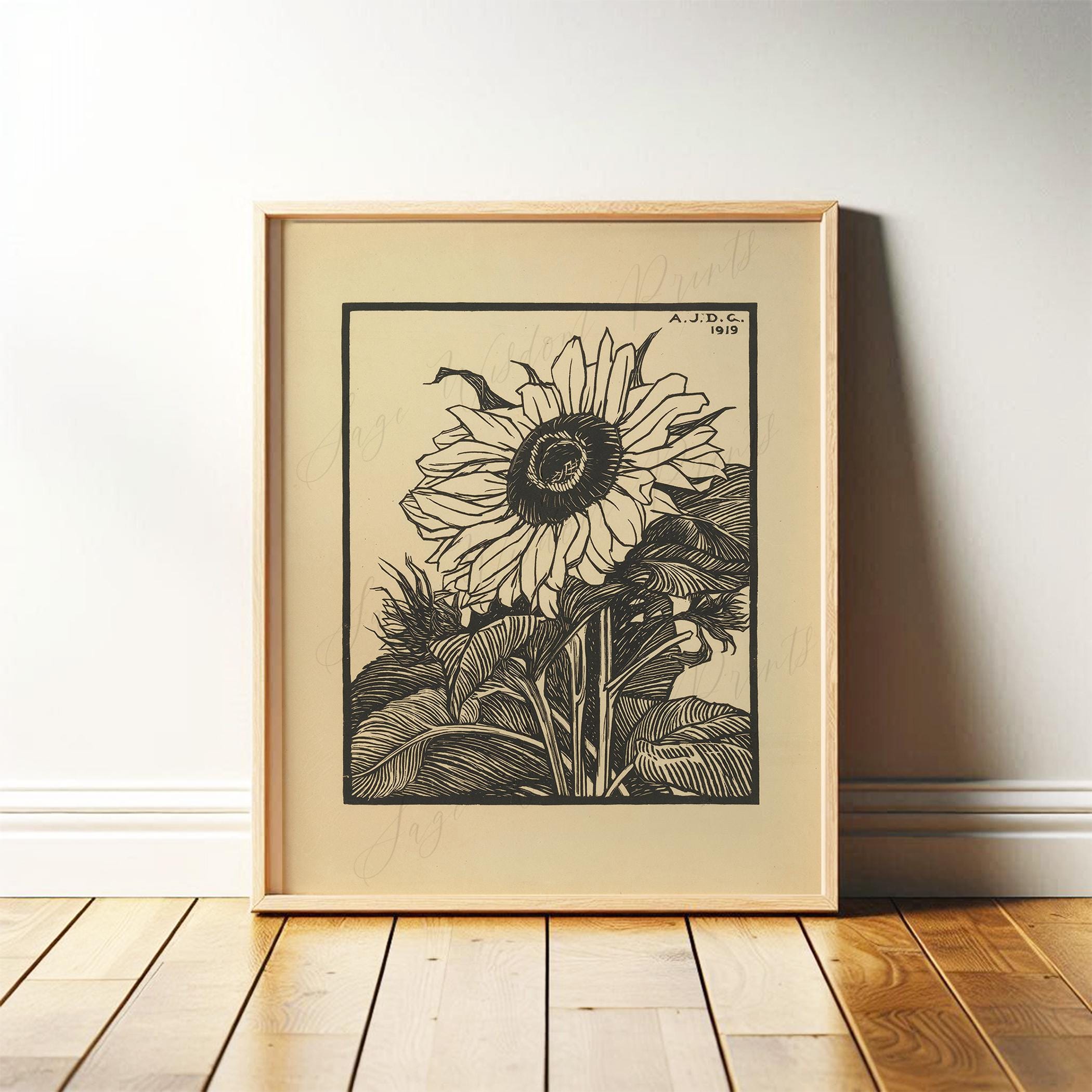Sunflower Vintage Style Linocut Print | Neutral, Quirky, Eclectic Wall ...