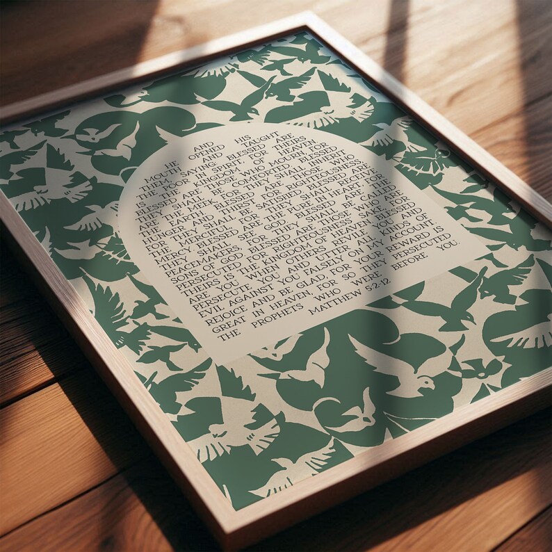 Beatitudes Print | Christian Wall Art, Green & White Bible Verse ...