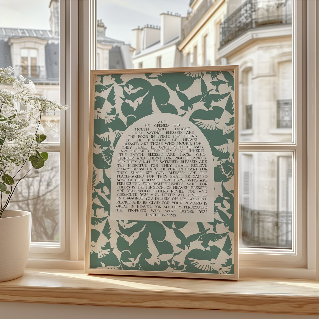 Beatitudes Print Christian Wall Art, Green & White Bible Verse, Modern ...
