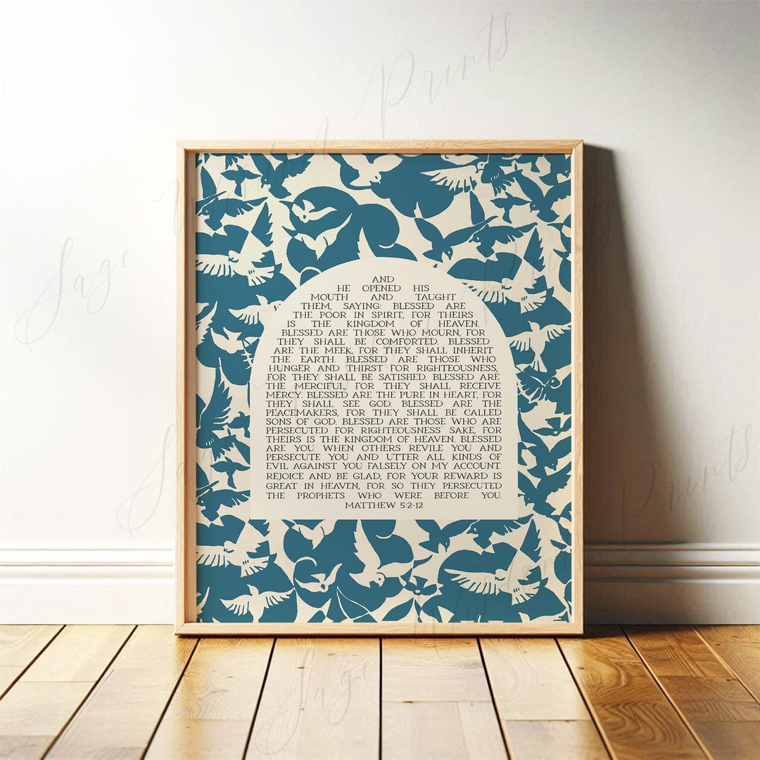 Beatitudes Print | Christian Wall Art, Teal & White Bible Verse, Modern ...