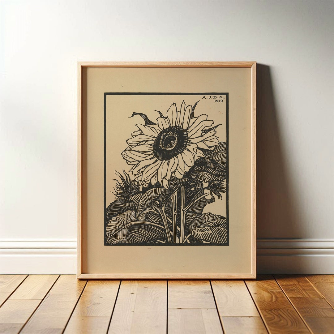 Sunflower Vintage Style Linocut Print | Quirky, Eclectic Wall Art ...