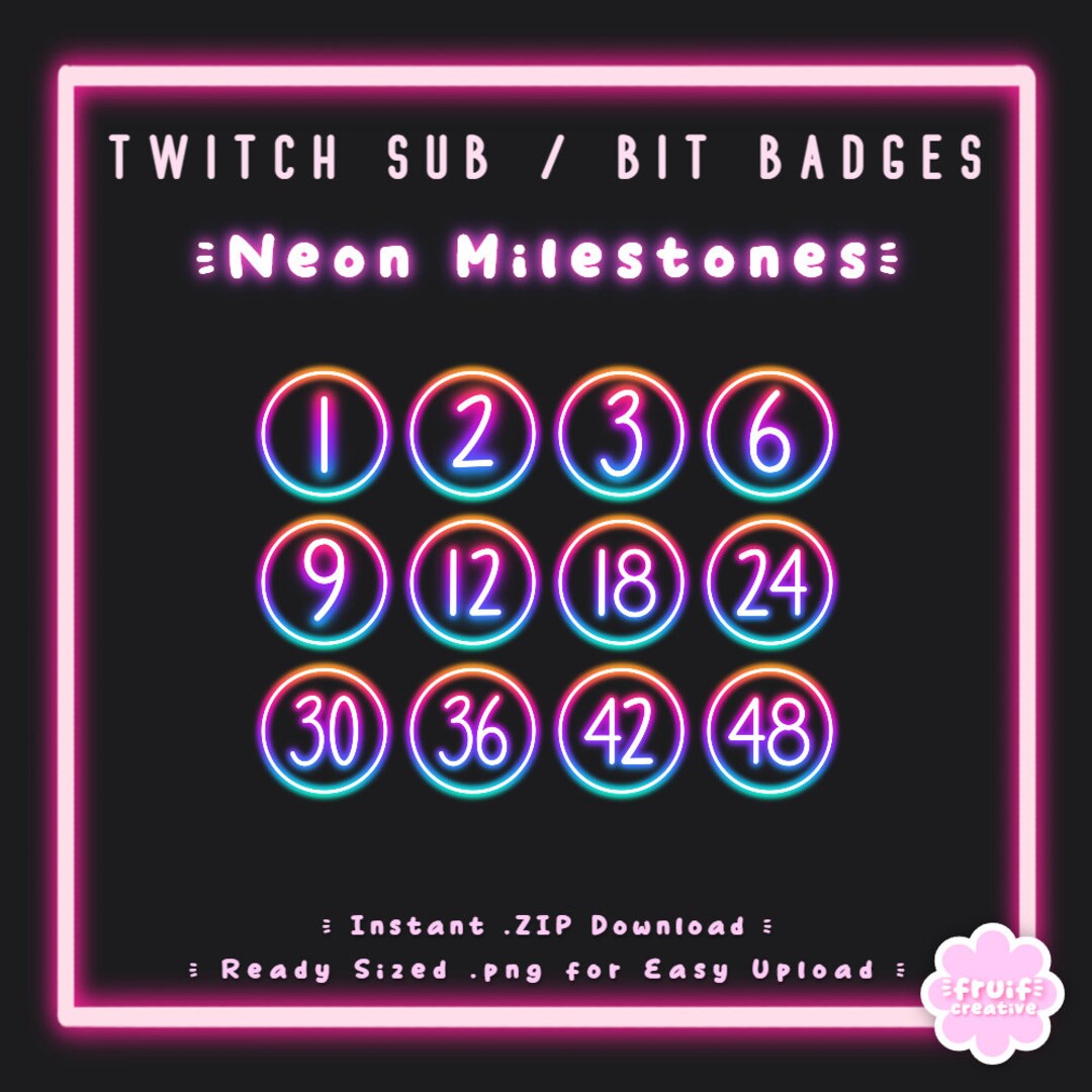 12 Twitch Sub Badges Neon Milestones Instant Download Rainbow Numbers ...