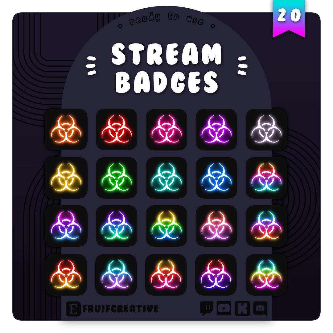 20 Sub/bit Twitch Badges | Neon Biohazard Symbol | Rainbow Stream Icons ...