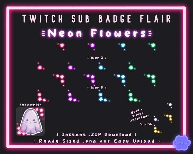 Twitch Sub Badge Flair Neon Flowers 6x Tier 2, 6x Tier 3 Included Cute ...
