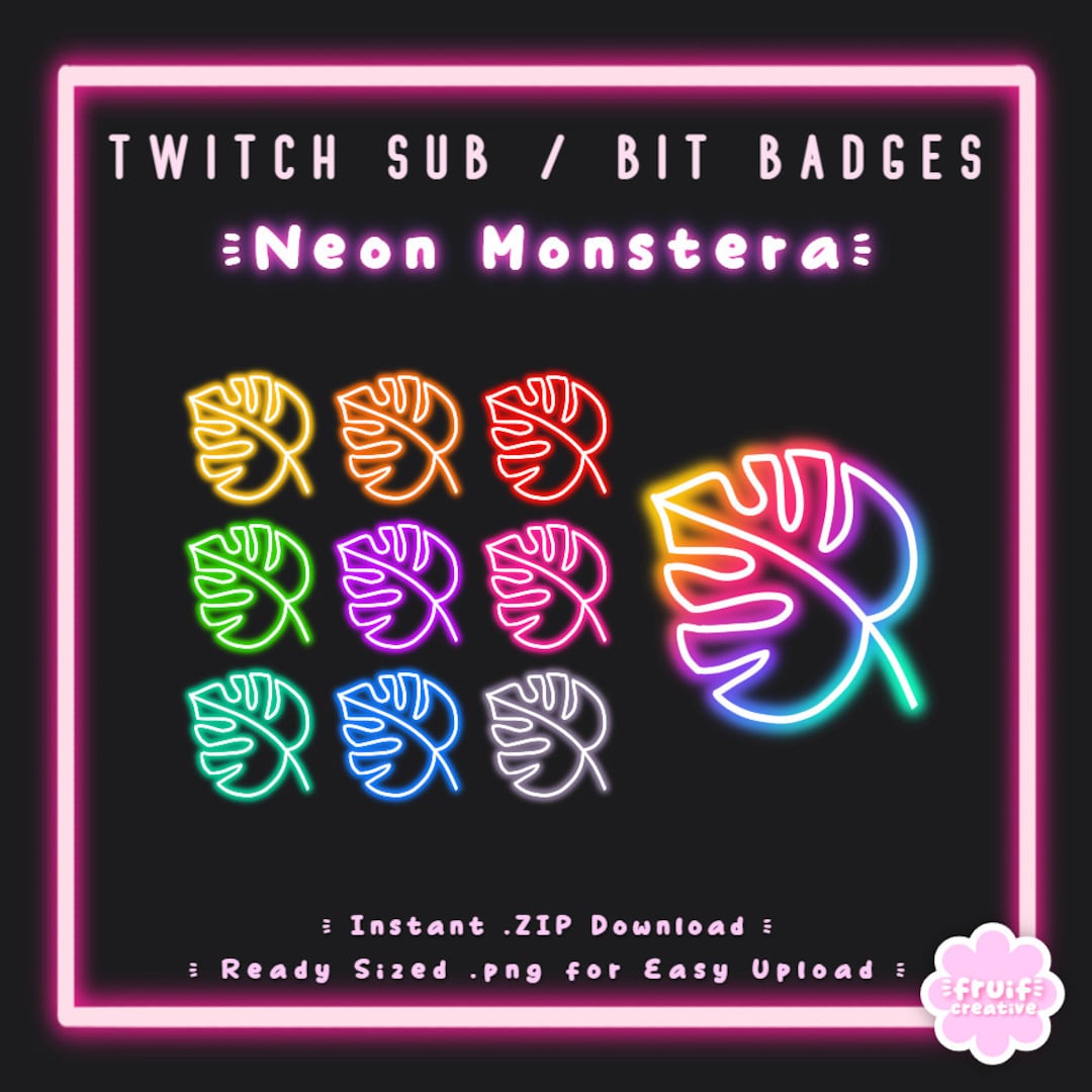 10 Sub/bit Twitch Badges Neon Monstera Leaf Instant Download Cute Plant ...