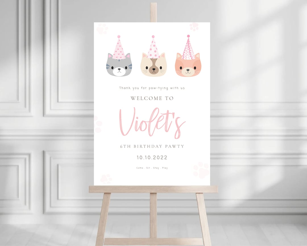 EDITABLE Pink Cat Pawty Welcome Sign Kitty Birthday Party Cat Adoption ...