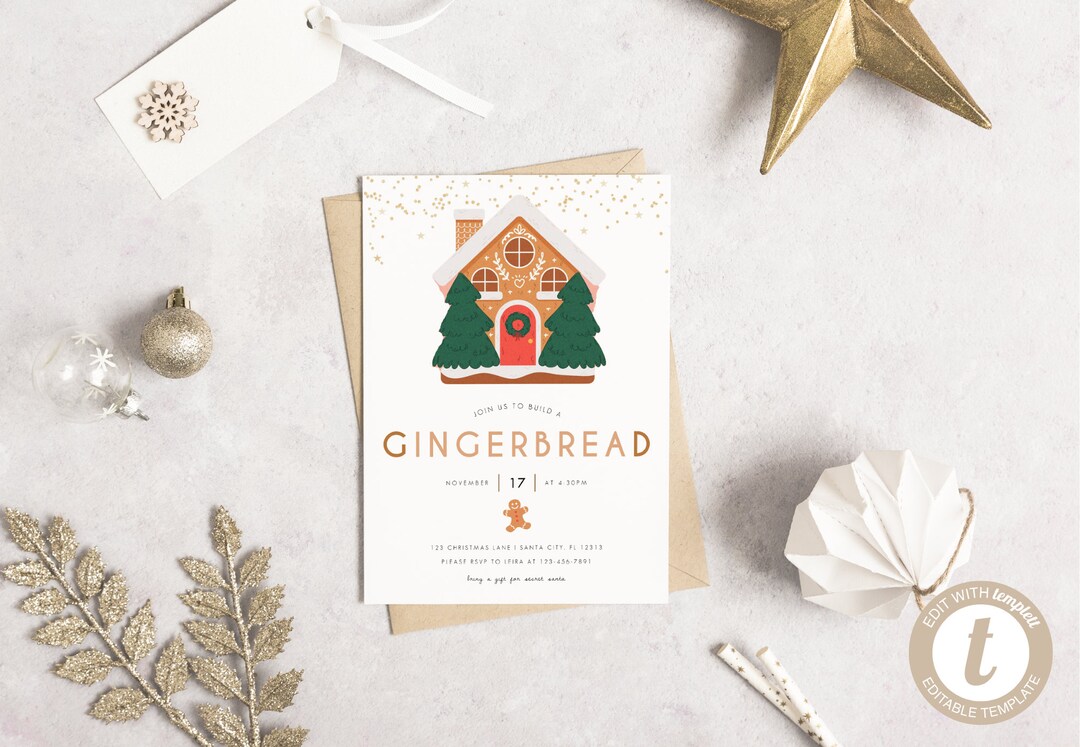 Editable GINGERBREAD HOUSE Christmas Party Invitation | Christmas ...