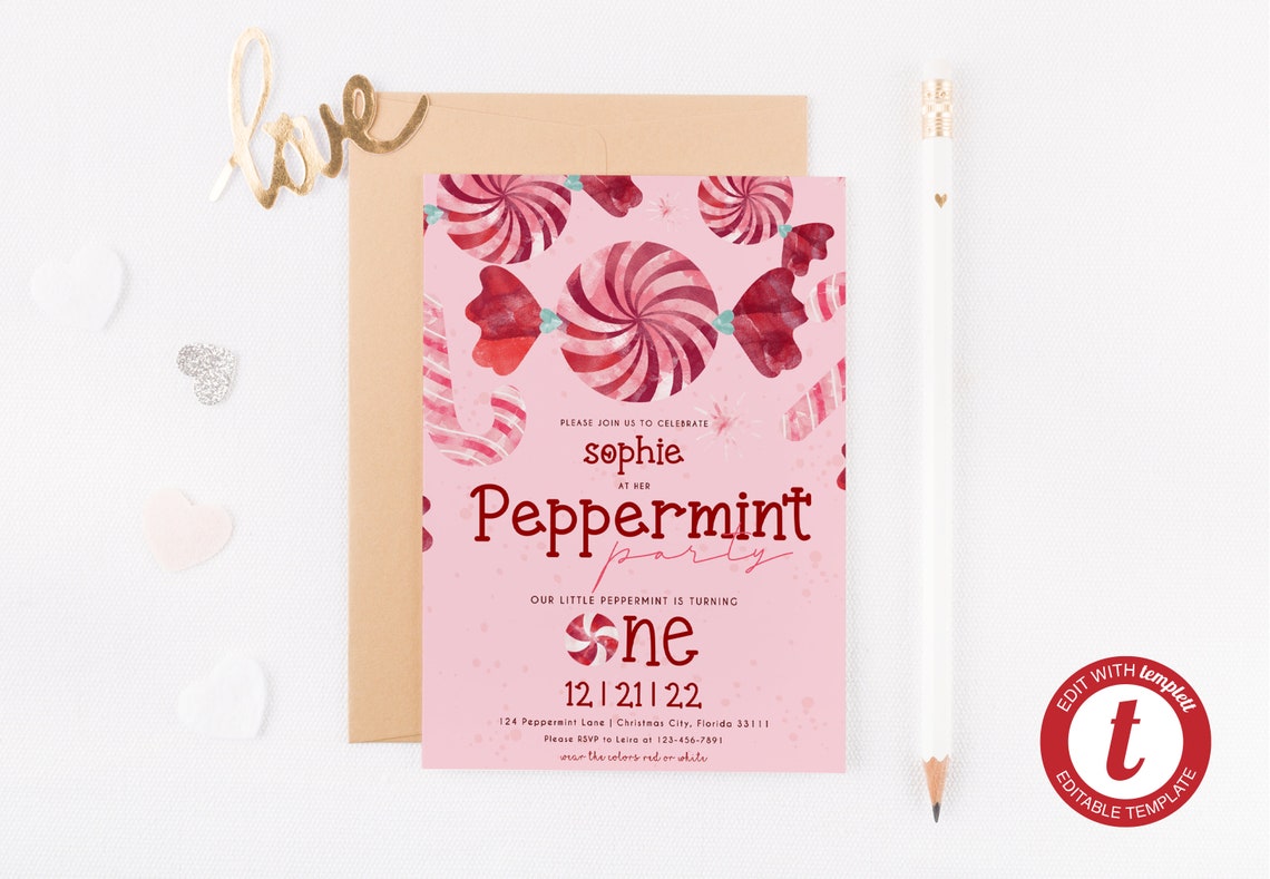 Editable Peppermint Christmas Invitation 2 Designs Candy - Etsy