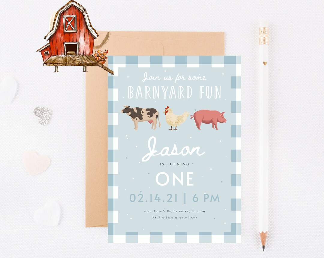 EDITABLE Blue Barnyard Farm Animal Invitation | Farm Birthday Party ...