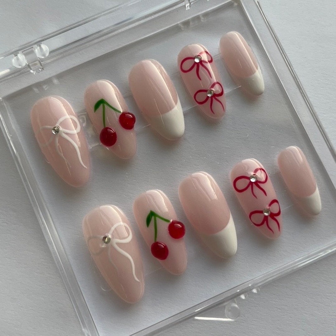 Bows And Cherries Red French Tip 3d Press On Nails Etsy