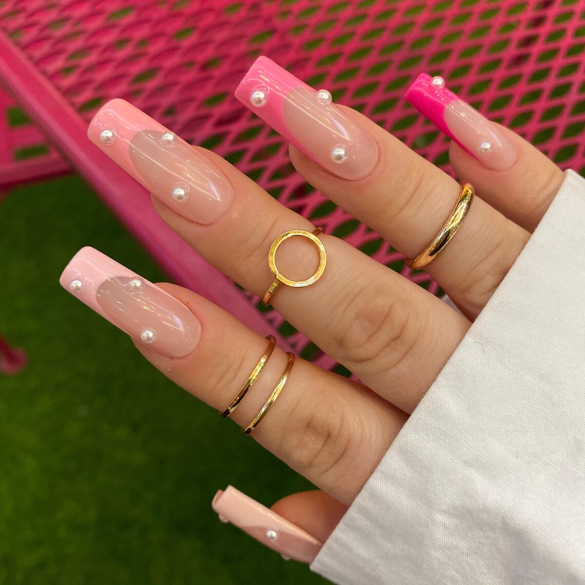 GRADIENT WITH PEARLS Pink Press on Nails | Etsy