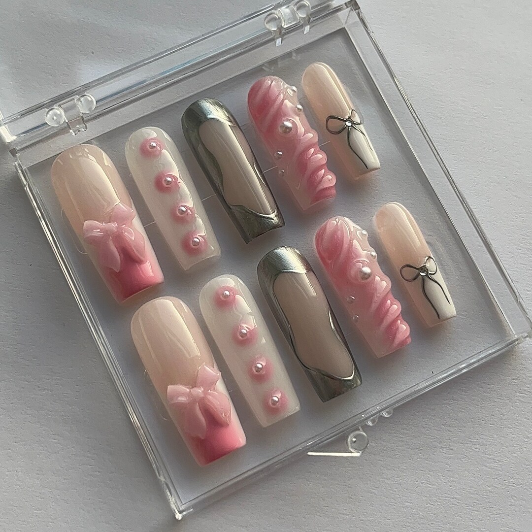 PINK BOWS French Tip With Silver Chrome 3d Press on Nails - Etsy