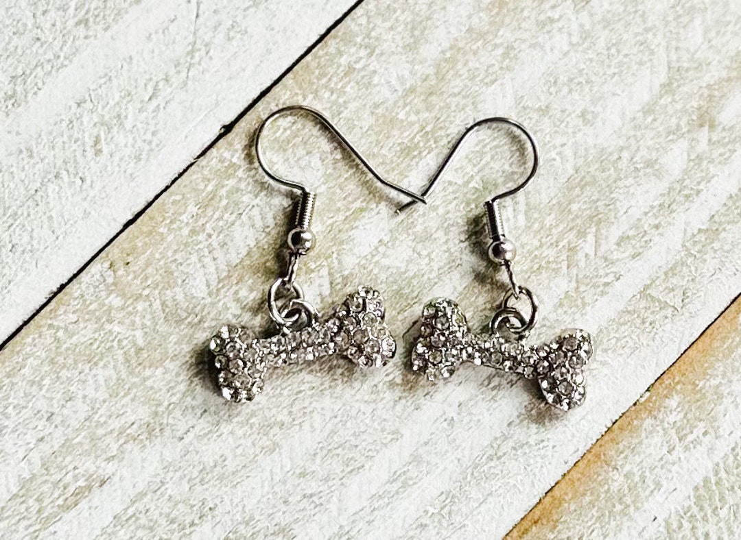Rhinestone Silver Dog Bone Dangle Earrings, Dog Treat Earrings, Dog ...