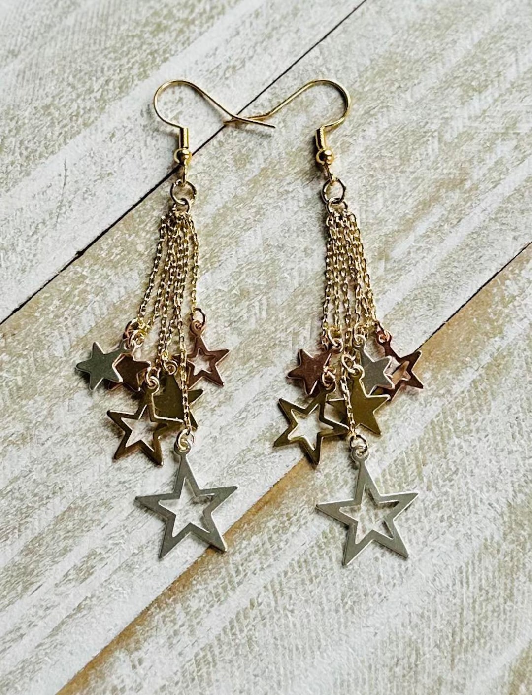 Gold Star Chain Earrings, Silver Stars, Rose Gold Stars, Tassel Star ...