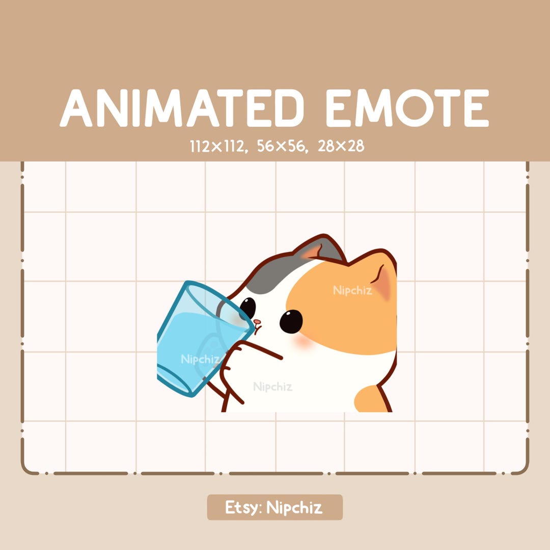 Animated Emote Chibi Calico Cat is Drinking a Glass of Water - Adorable ...