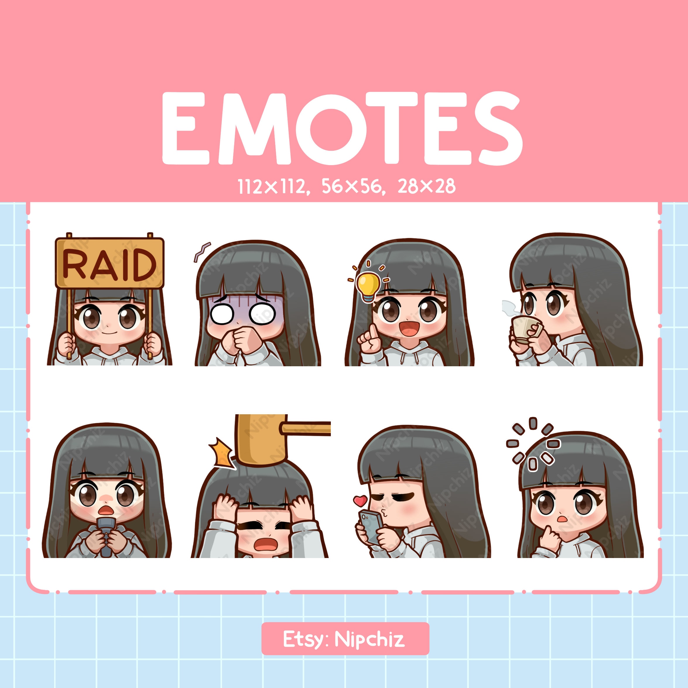 Girl Emote Bundle / Straight Black Hair With Bangs Emotes for Streaming ...