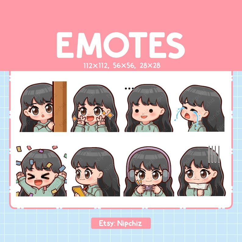 Cute Girl Emotes 8 Black Hair Brown Eyes, Emoji for Streaming, Kawaii ...