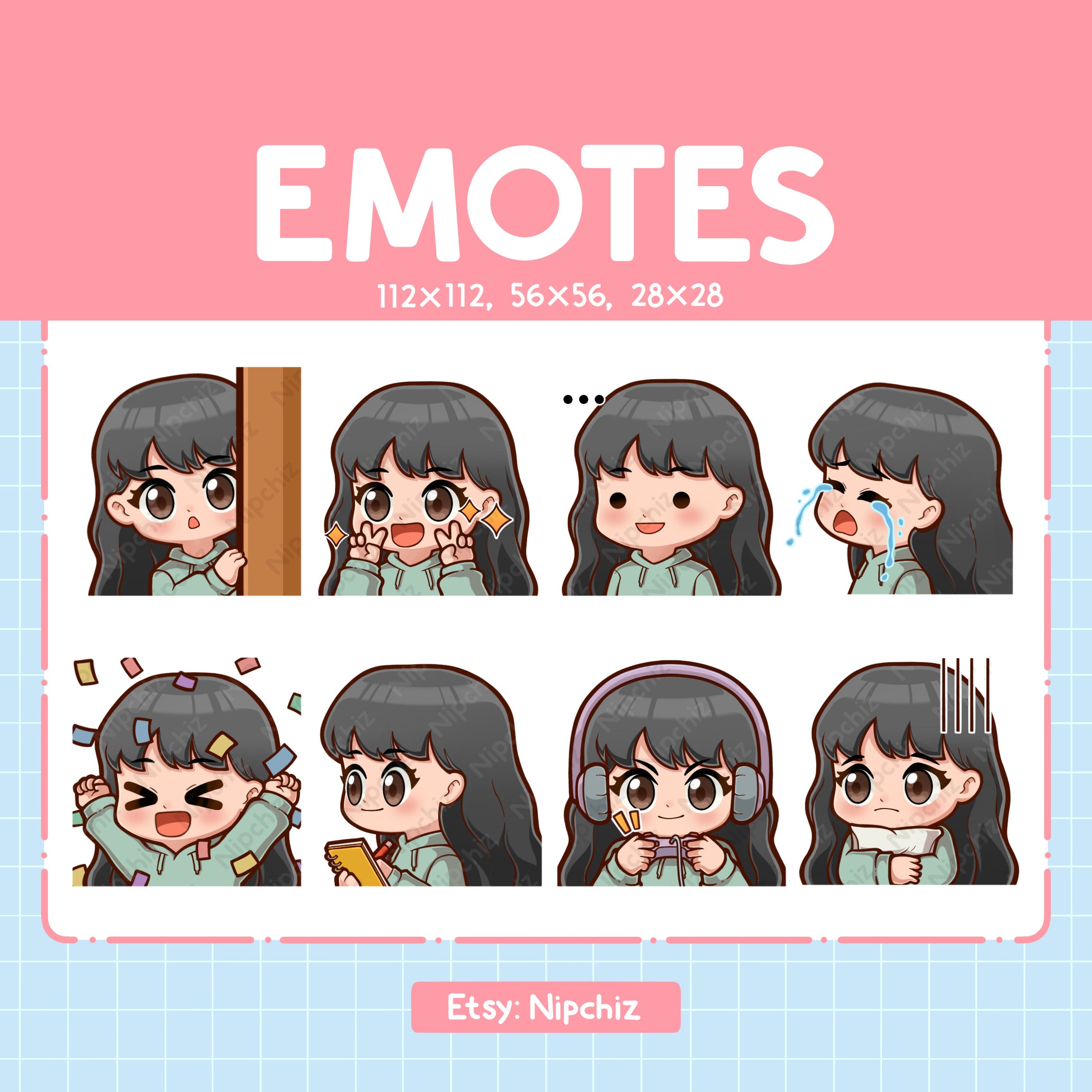 Cute Girl Emotes (8) | Black Hair | Brown Eyes, Emoji for Streaming ...