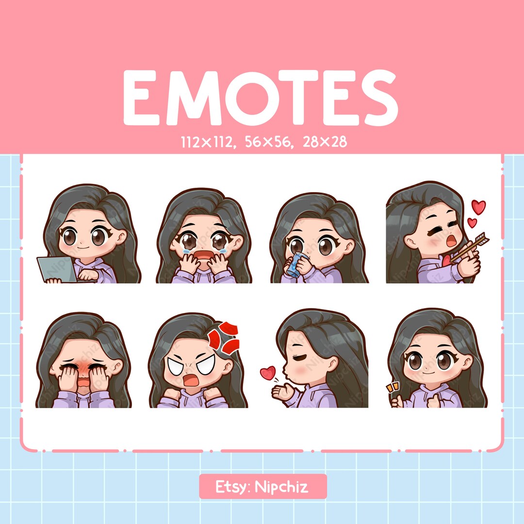 Chibi Girl Emotes for Streaming / Long Straight Black Hair – Brown Eyes ...
