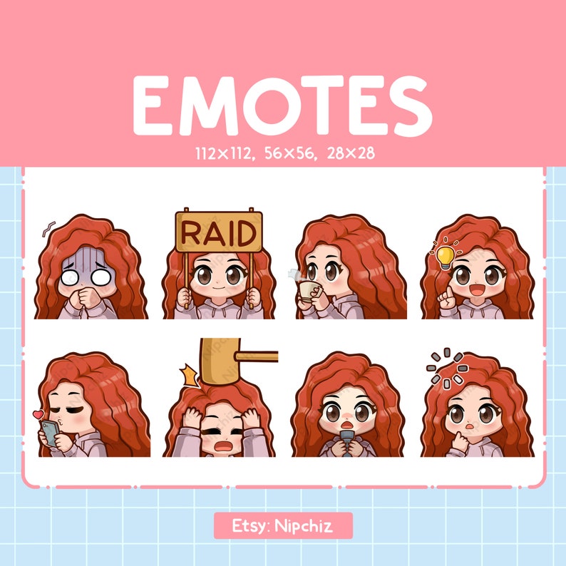 Cute Girl Red Curly Hair Emotes 8 Pack / Chibi Girl Emotes for Streamer ...