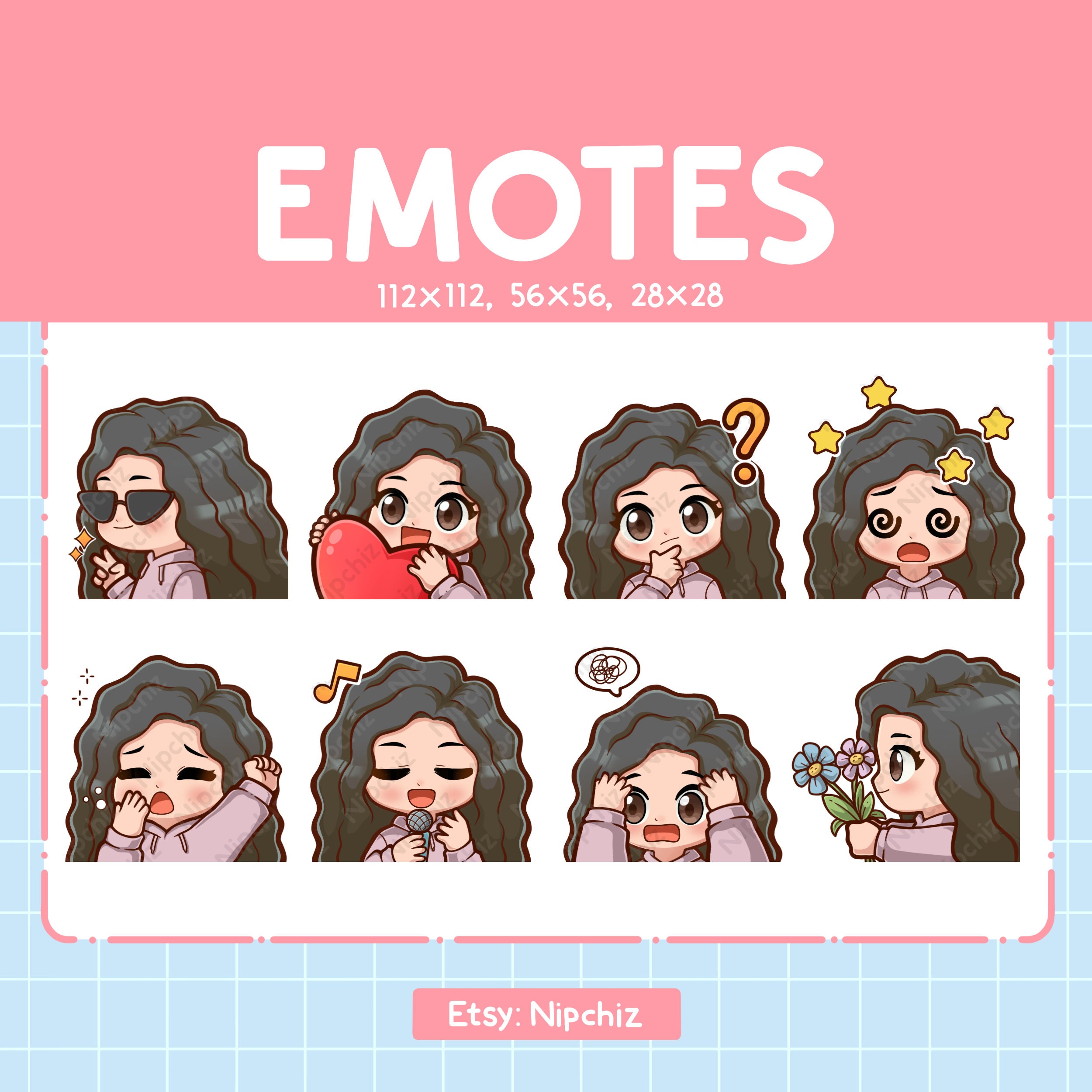 Curly Black Hair | Chibi Girl Emotes for Streaming (8) Kawaii Cute Girl ...