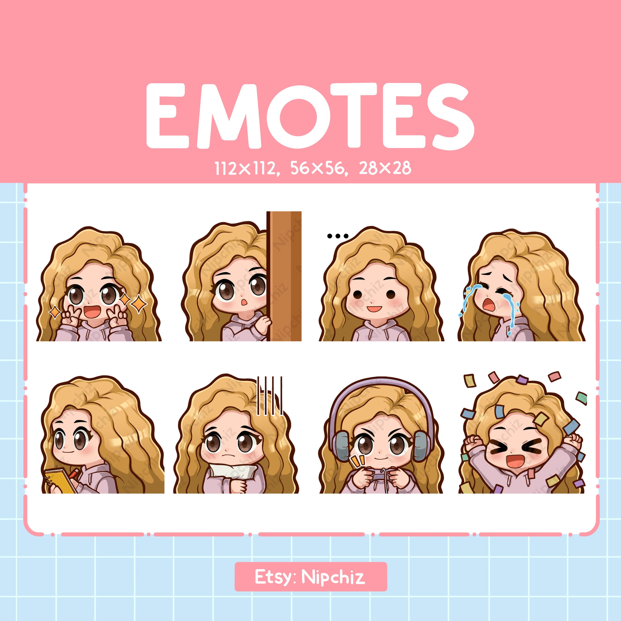Blonde Curly Hair | Chibi Girl Emotes for Streaming (8) Kawaii Cute ...