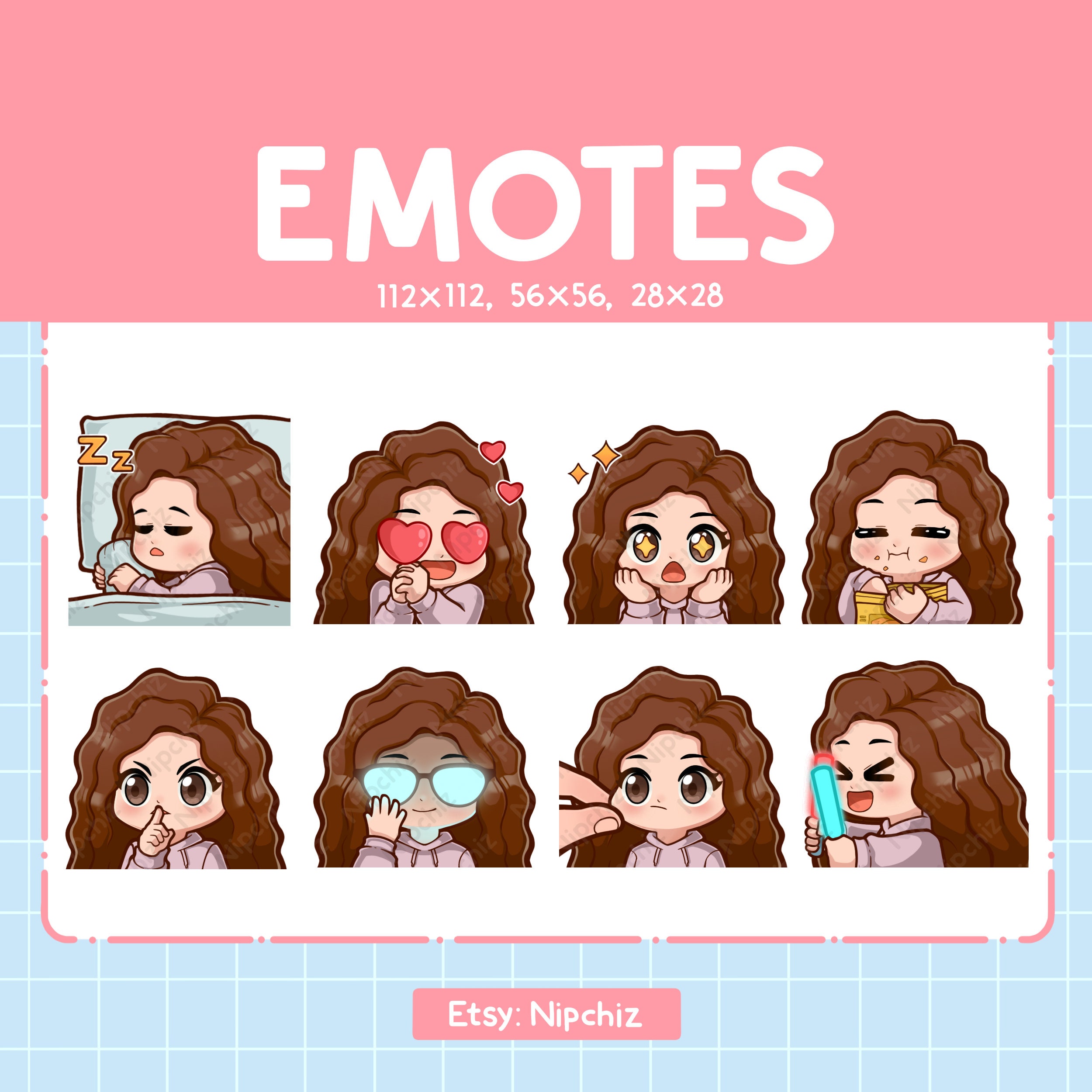 Chibi Girl Emotes for Streaming / Brown Curly Hair – Brown Eyes (8 ...