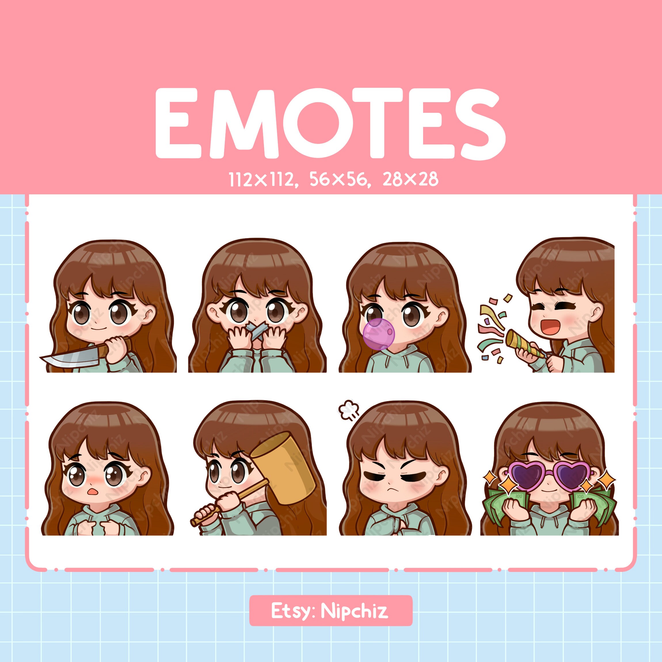 Cute Girl Emotes for Streamer (8) | Brown Hair | Brown Eyes | Kawaii ...