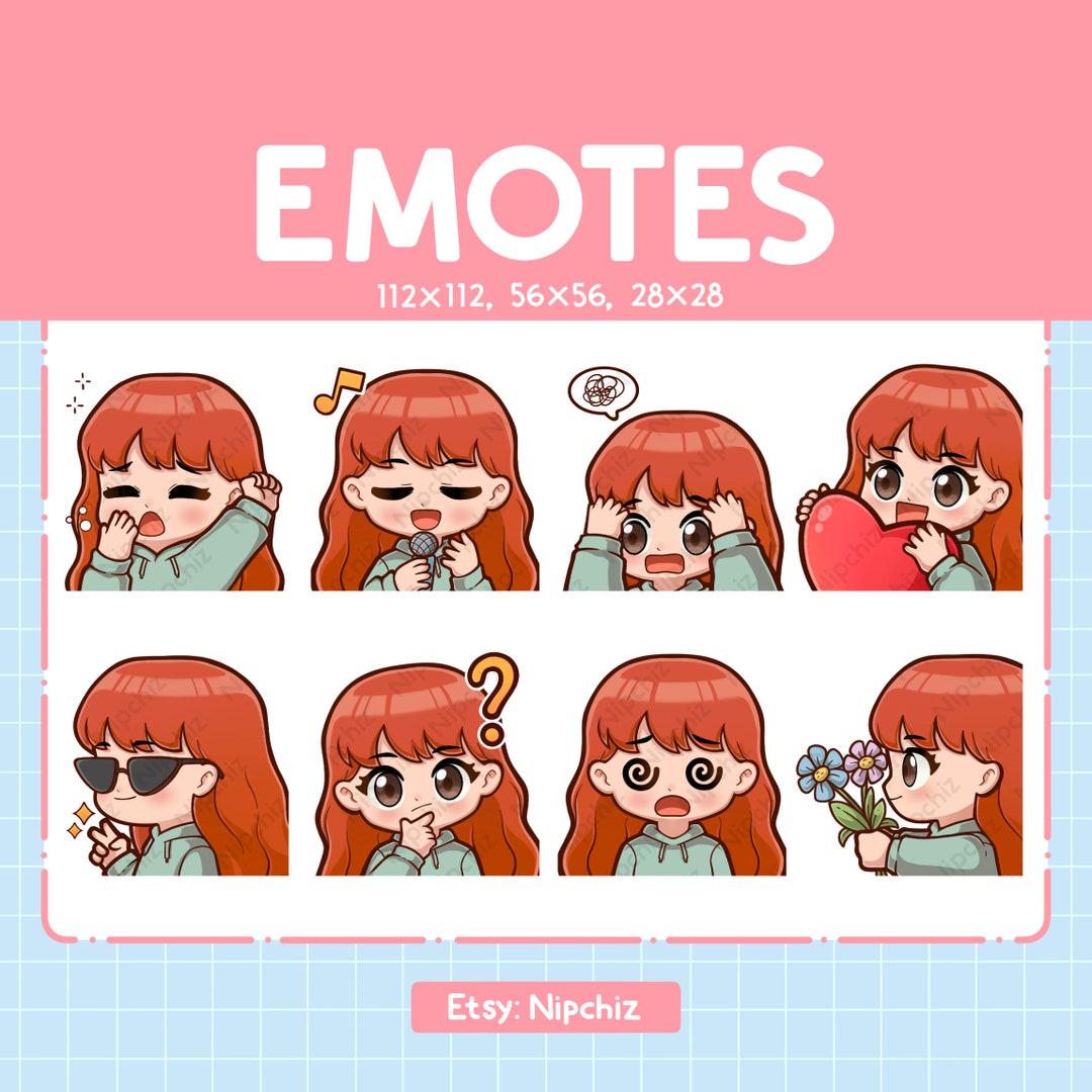 Kawaii Chibi Girl Emotes | 8 Cute Emotes for Streaming | Red Hair ...