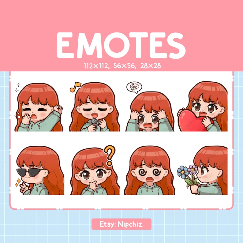 Kawaii Chibi Girl Emotes 8 Cute Emotes for Streaming Red Hair Brown ...