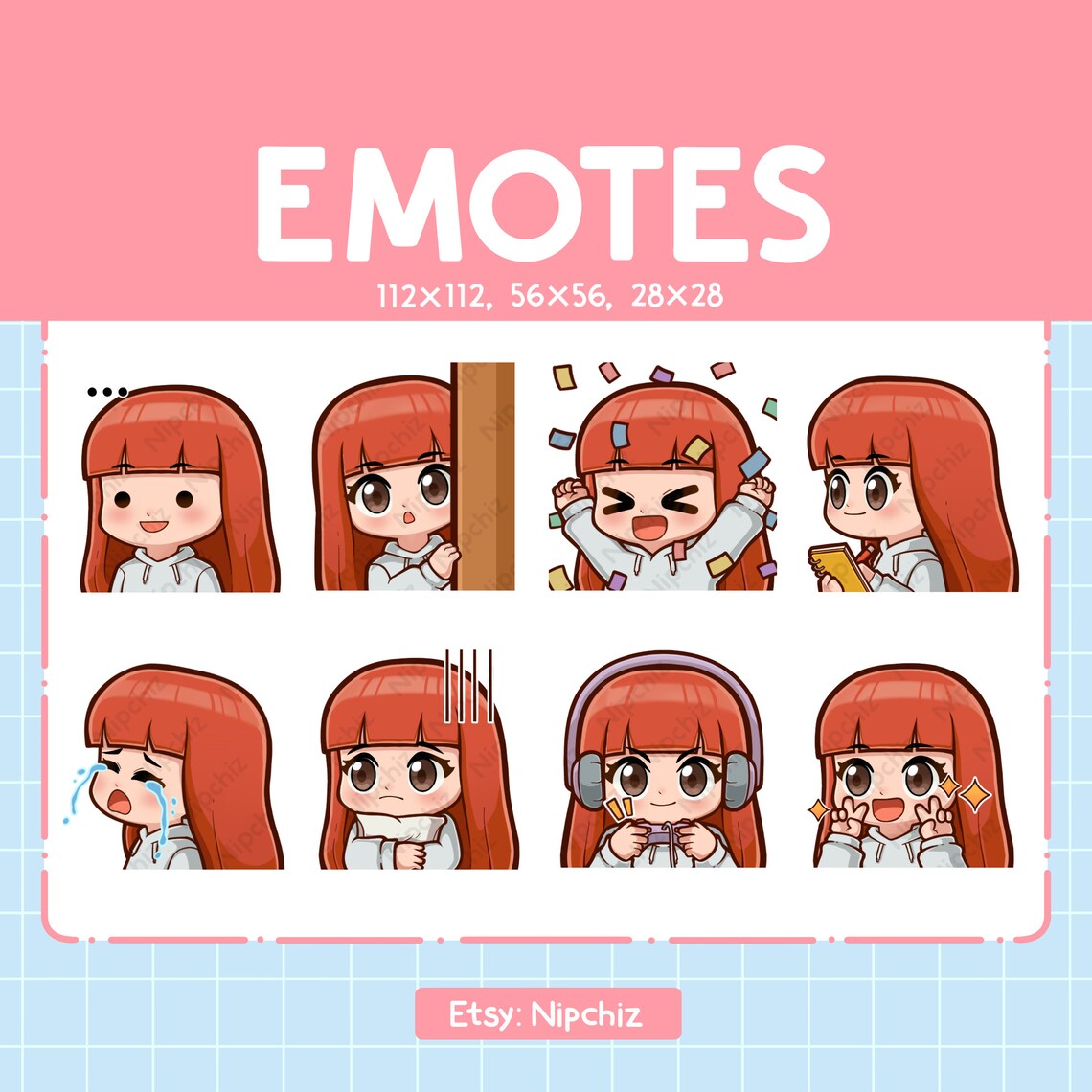 Straight Red Hair With Bangs | Chibi Girl Emotes for Streaming (8 ...