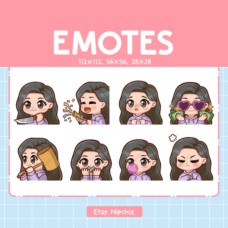 Kawaii Chibi Girl Emotes | 8 Cute Emotes for Streaming | Long Straight ...