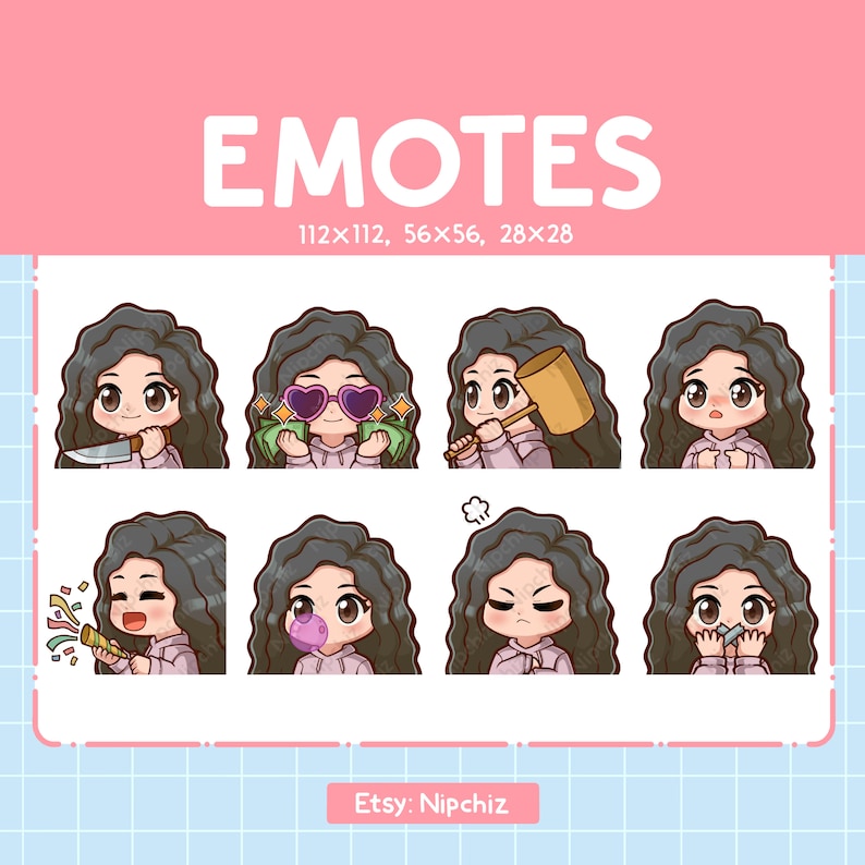 Kawaii Chibi Girl Emotes | 8 Cute Emotes for Streaming | Curly Black ...