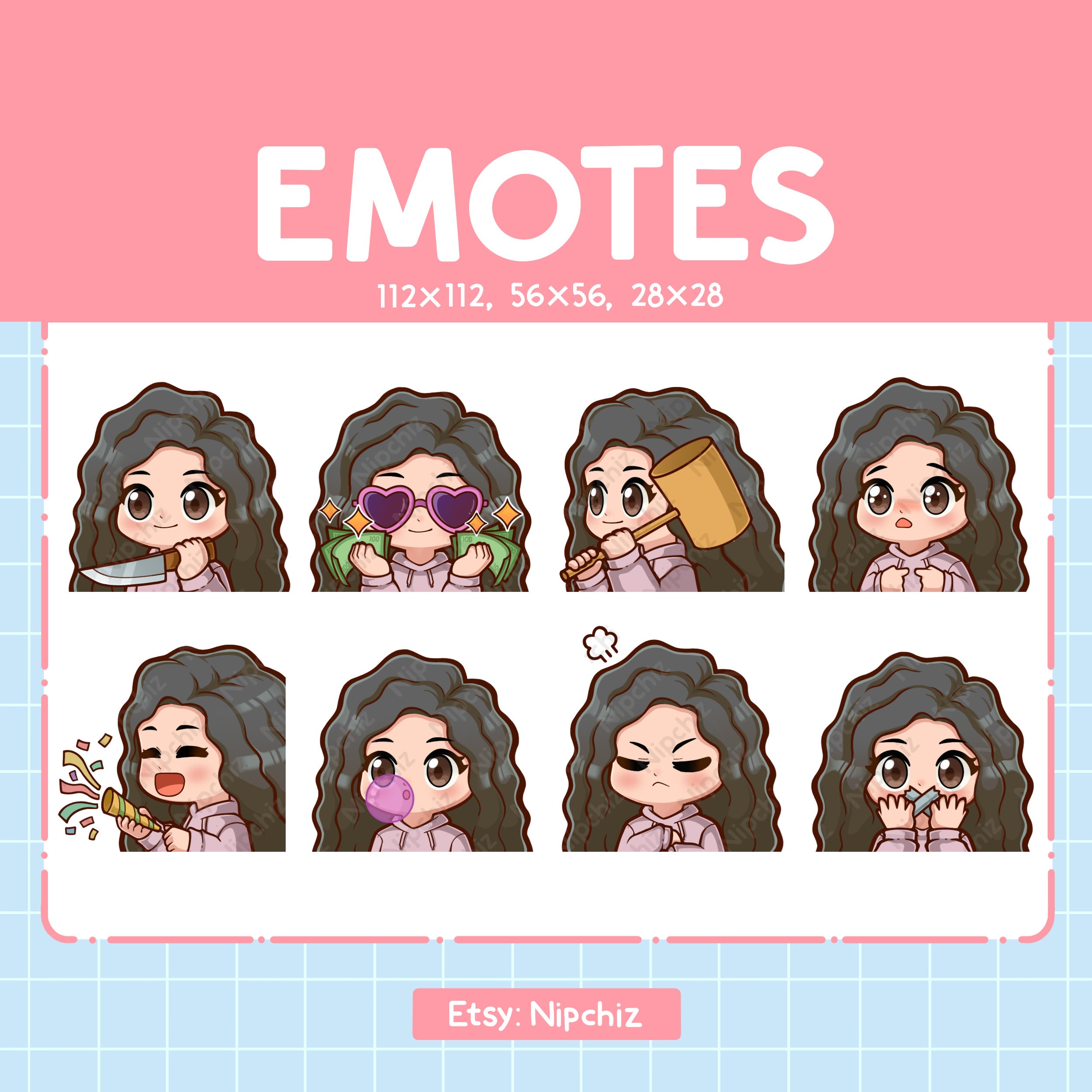 Kawaii Chibi Girl Emotes | 8 Cute Emotes for Streaming | Curly Black ...