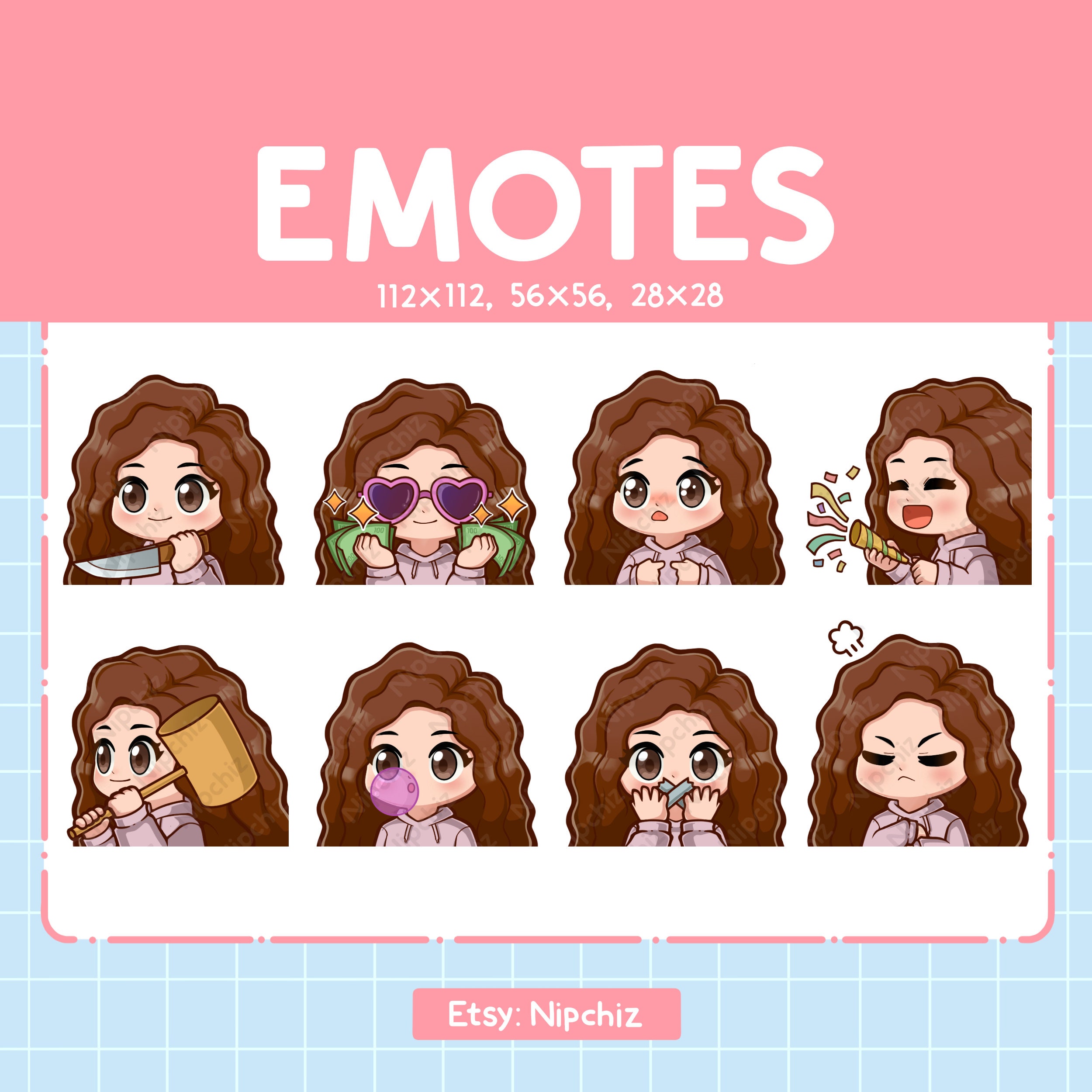 Chibi Girl Emotes / Brown Curly Hair / Cute Emoji Pack | 8 Girl Emotes ...