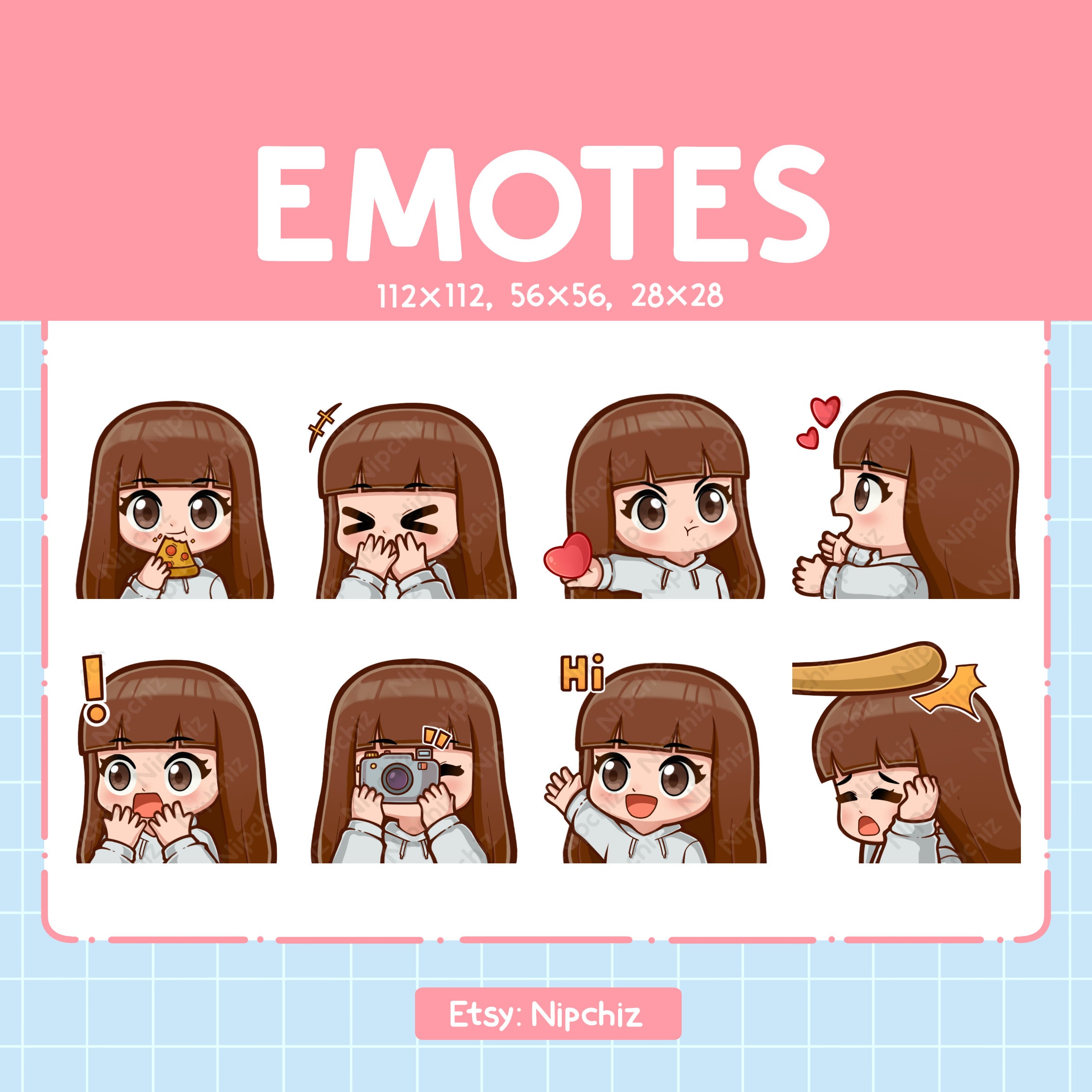 Cute Girl Straight Brown Hair With Bangs Emotes 8 Pack / Chibi Girl ...