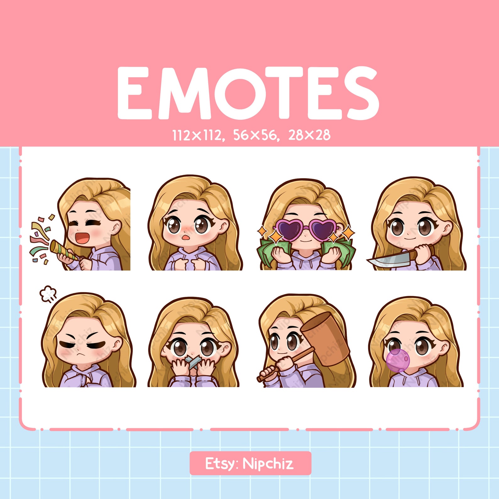Kawaii Chibi Girl Emotes | 8 Cute Emotes for Streaming | Long Straight ...