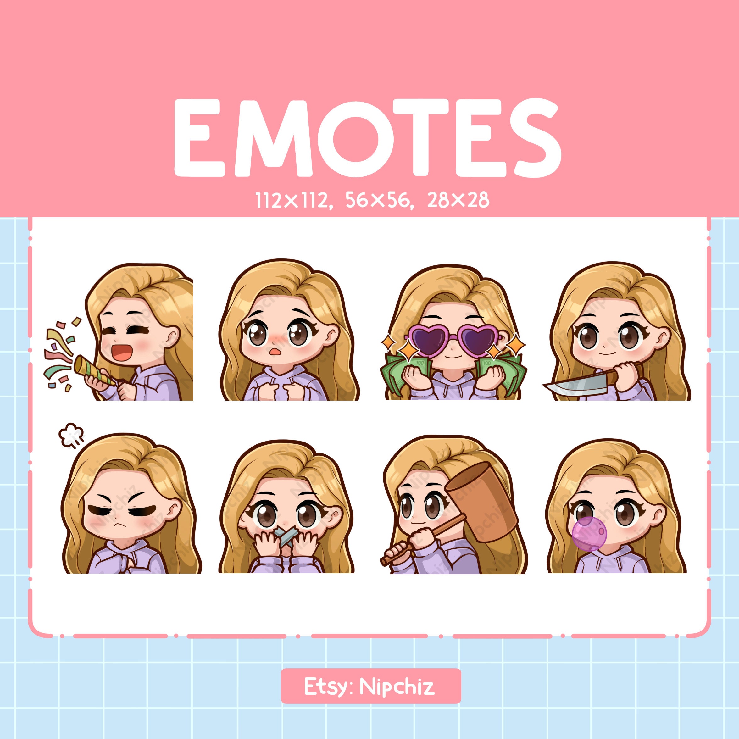 Kawaii Chibi Girl Emotes | 8 Cute Emotes for Streaming | Long Straight ...