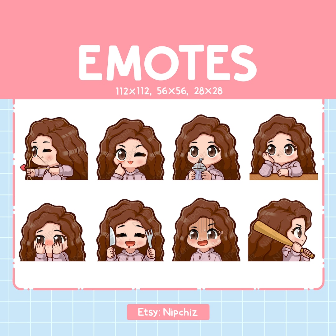 Kawaii Girl Emotes (8) / Brown Curly Hair / Cute Emotes for Streamer ...