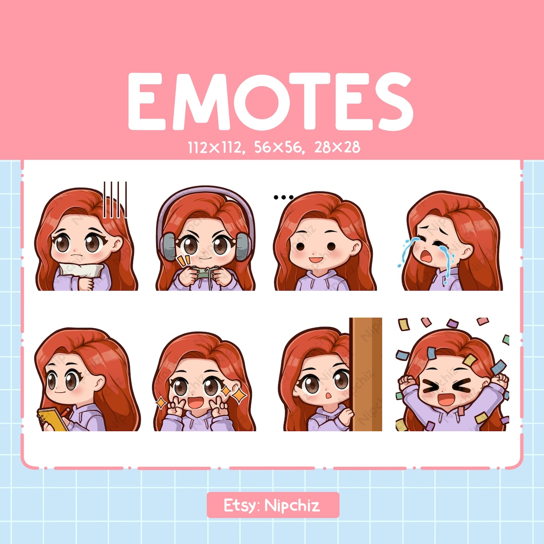 Chibi Girl Emotes / Long Straight Red Hair / Cute Emoji Pack | 8 Girl ...