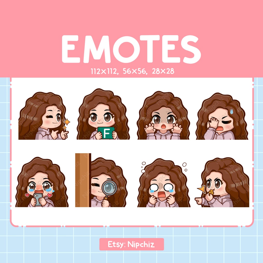 Kawaii Chibi Girl Emotes | 8 Cute Emotes for Streaming | Brown Curly ...