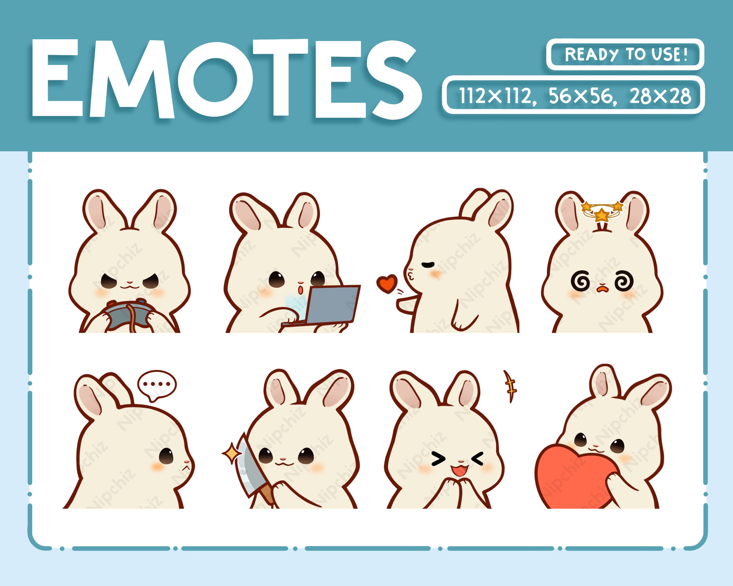 Rabbit Emotes 8 Cute Emotes for Streaming Digital Chibi - Etsy