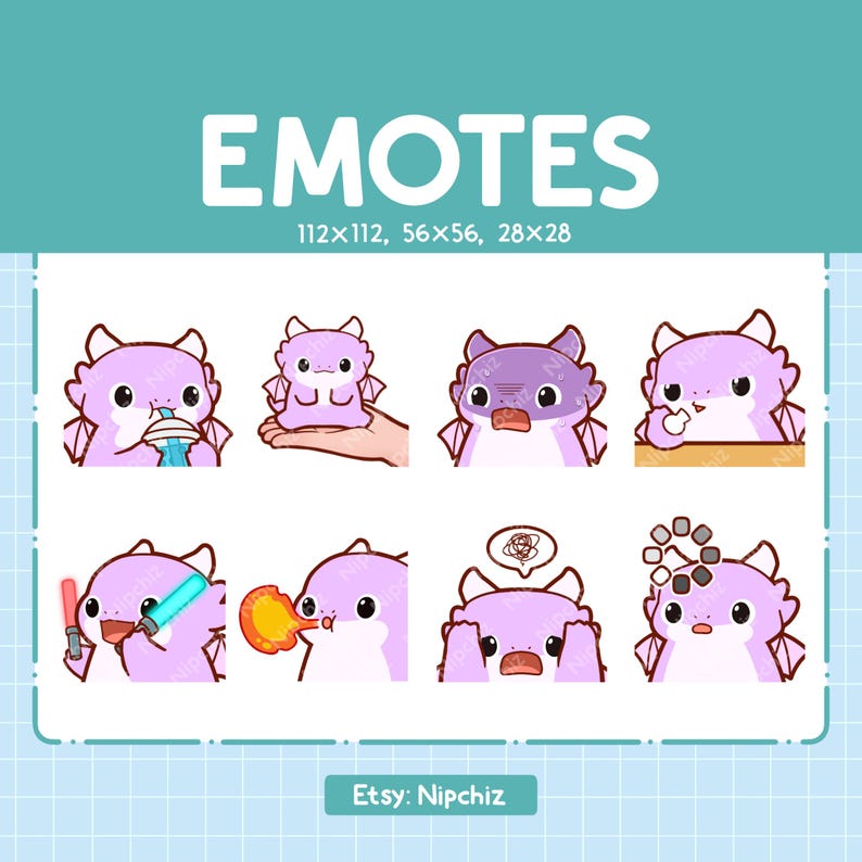 Emotes de Dragón Morado Chibi para Streaming - (8) Emotes kawaii ...