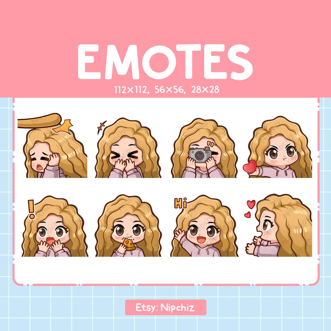 Blonde Curly Hair | Girl Emotes for Streamer 8 | Brown Eyes | Kawaii ...