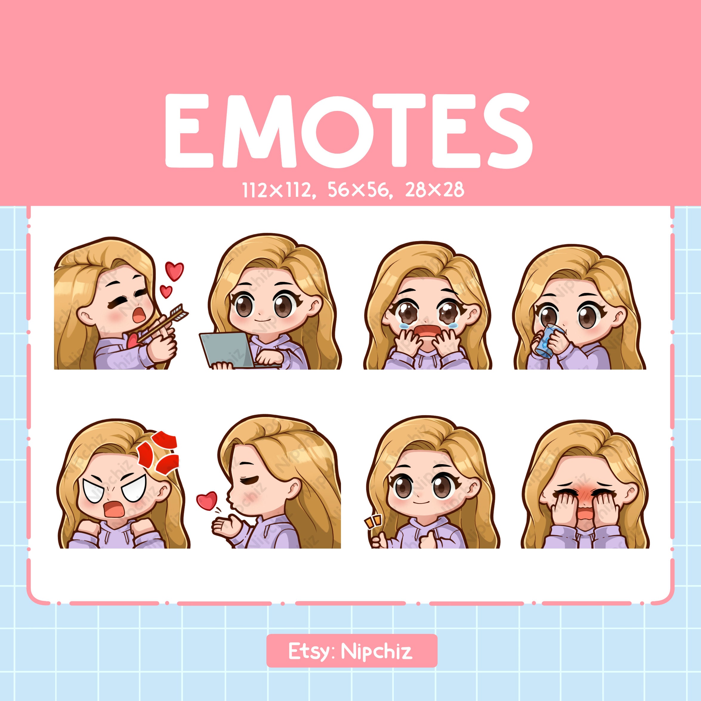 Cute Girl Emotes for Streamer 8 Long Straight Blonde Hair Brown Eyes ...