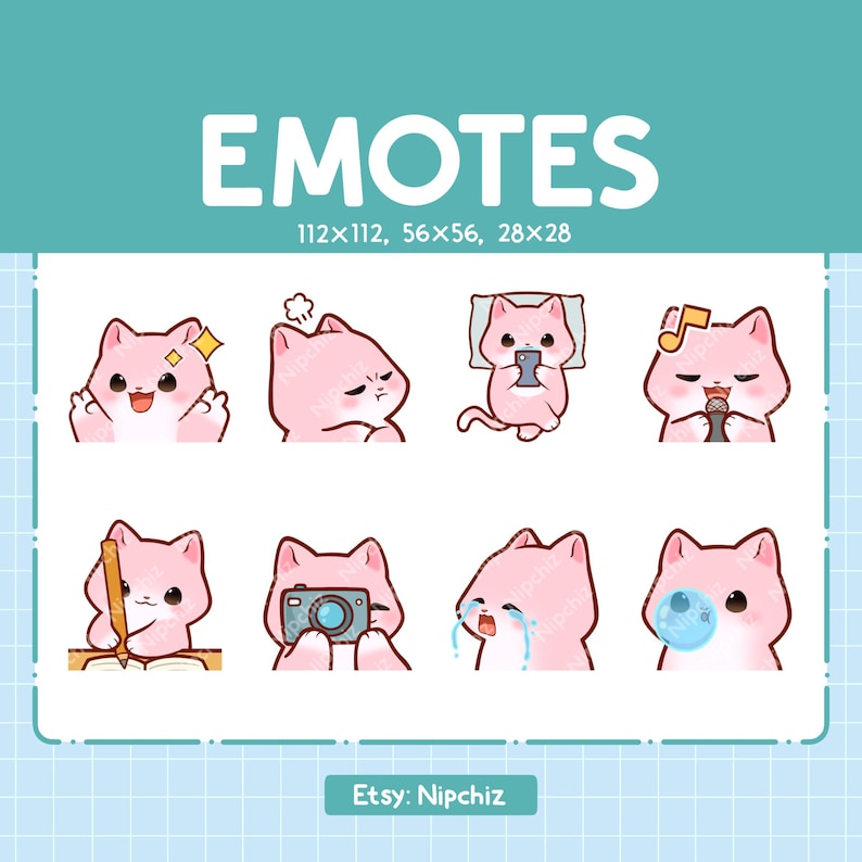 Pink Cat Emotes for Streaming | Kawaii Animal Emoji | (8) Cute Pink Cat ...