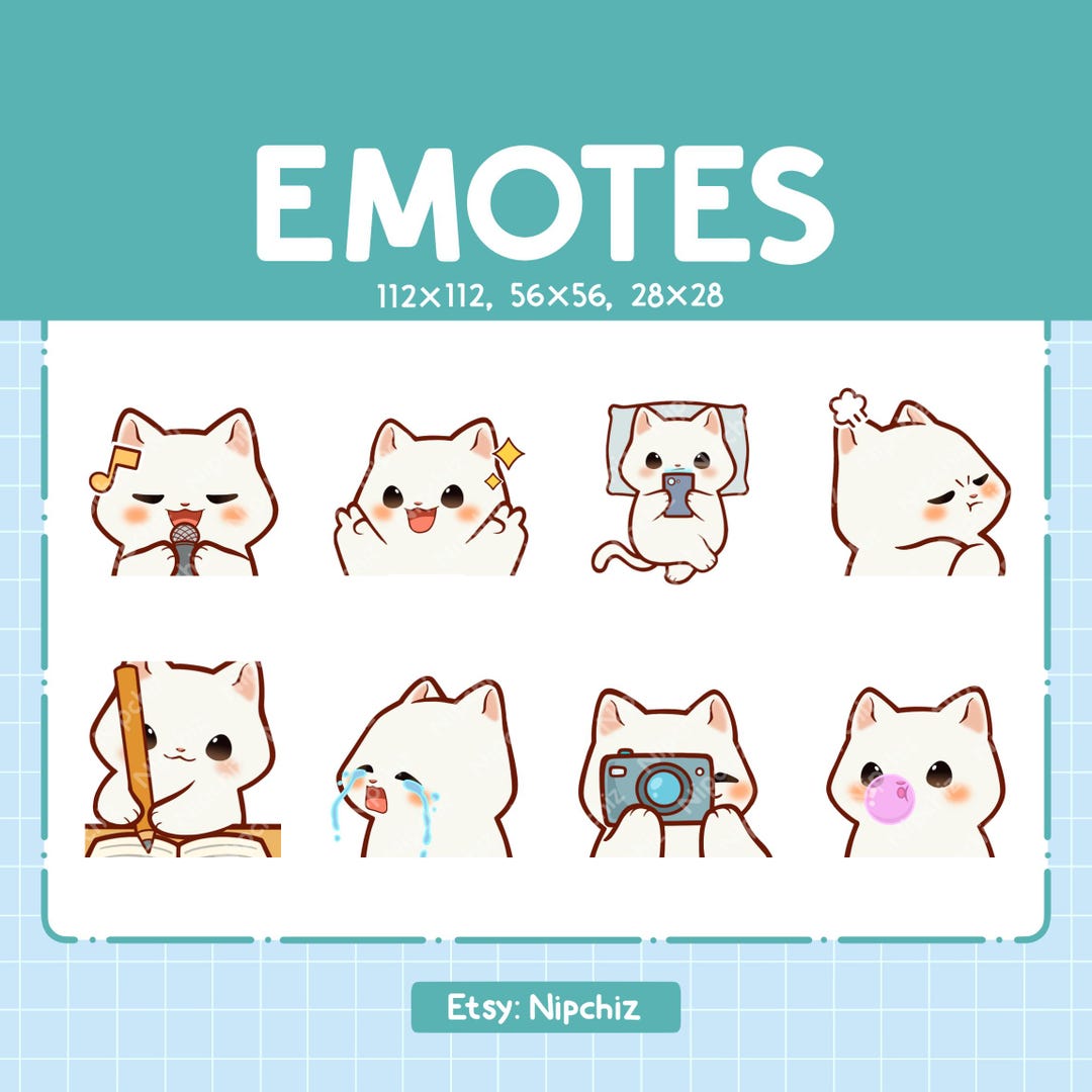 Kawaii White Cat Emotes (8) – Cute Emotes for Streamer – Chibi Cat ...